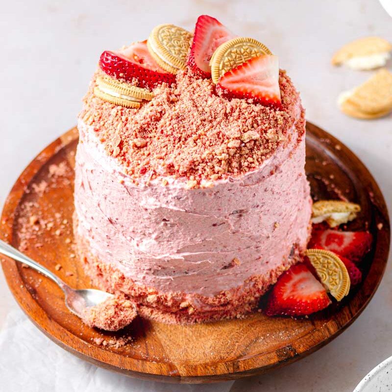 Vegan Strawberry Crunch Cake with Golden Oreos - Thank You Berry Much