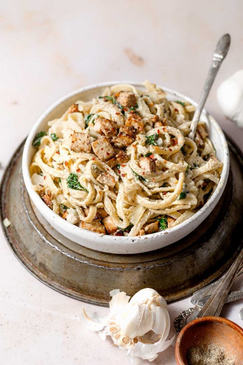Creamy Tahini Pasta with Lemon, Garlic and Tofu - Thank You Berry Much