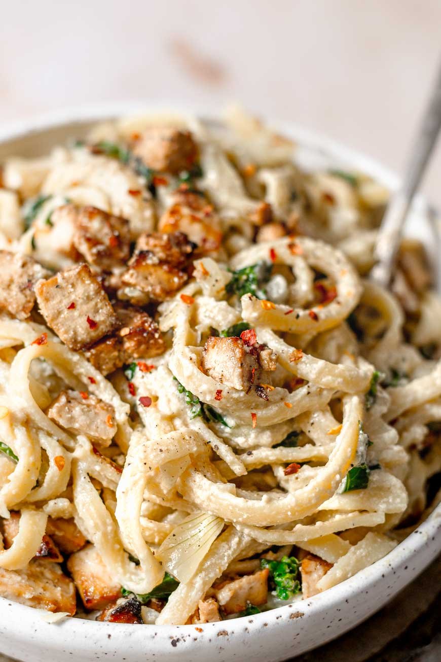 Creamy Tahini Pasta with Lemon, Garlic and Tofu - Thank You Berry Much