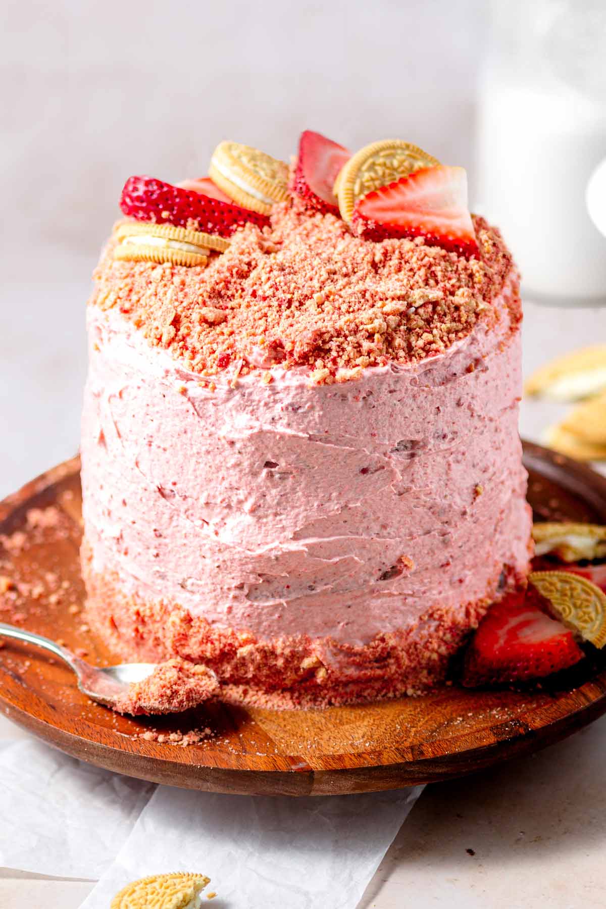 Vegan Strawberry Crunch Cake with Golden Oreos - Thank You Berry Much