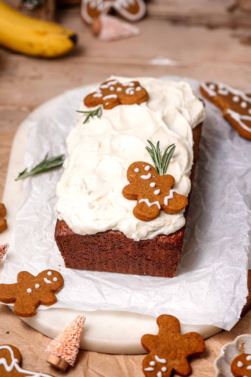 Banana Gingerbread Loaf with Cream Cheese Frosting