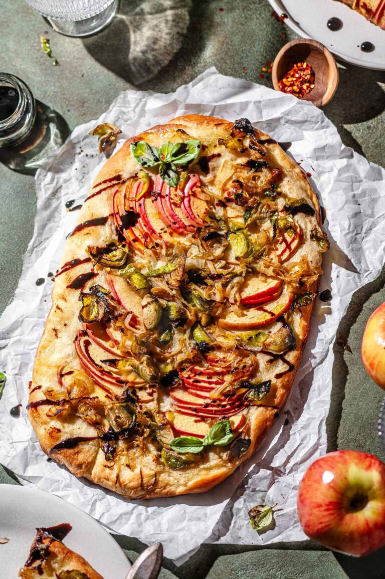 Caramelized Onion Flatbread Pizza with Apples & Balsamic Glaze
